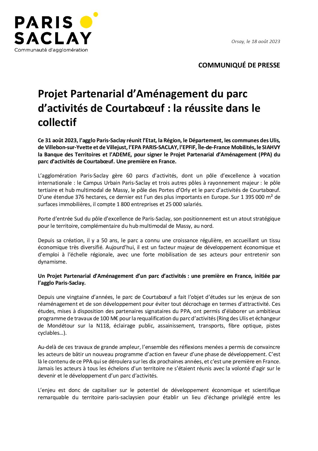 Signature officielle du Projet Partenarial d’Aménagement de Courtaboeuf ...